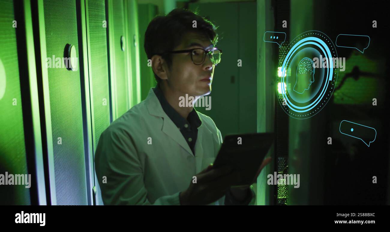 Image of ai brain and data over asian it man by computer servers Stock Photo - Alamy