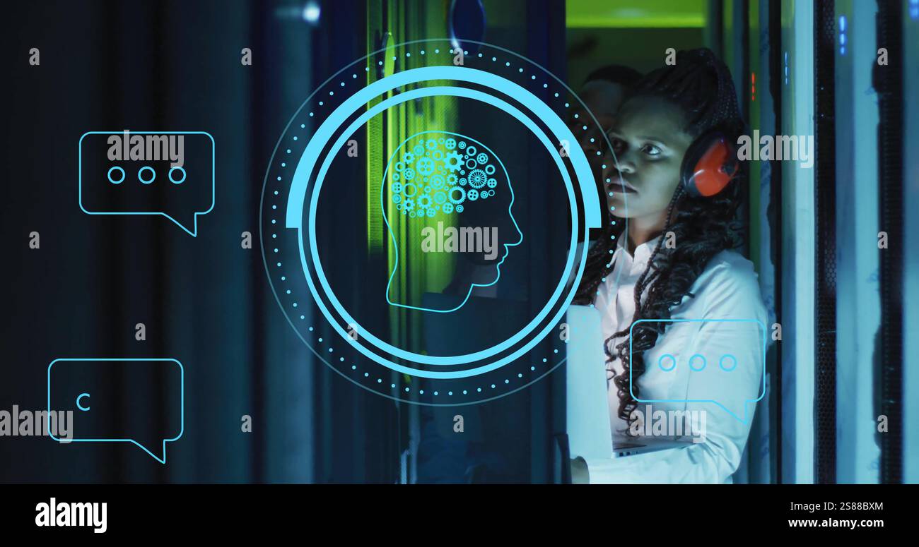 Image of ai brain and data over african american it woman by computer servers Stock Photo - Alamy