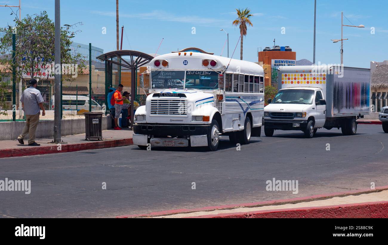 Cabo San Lucas, Mexico - May 15, 2019: International bus. Street road ...