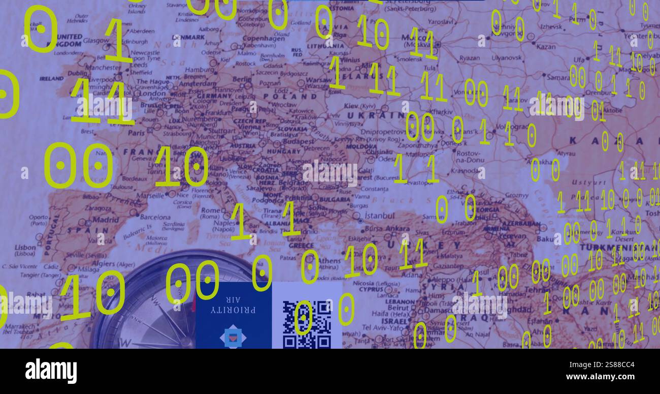 Image of binary coding and data processing over world map Stock Photo - Alamy