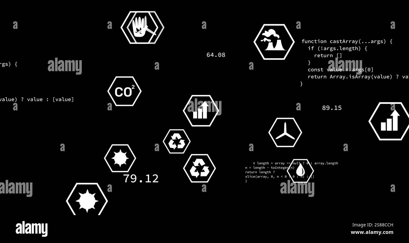 Image of moving ecology icons and data processing on black background ...