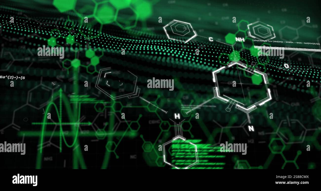 Image of scientific data processing with connections over light trails ...