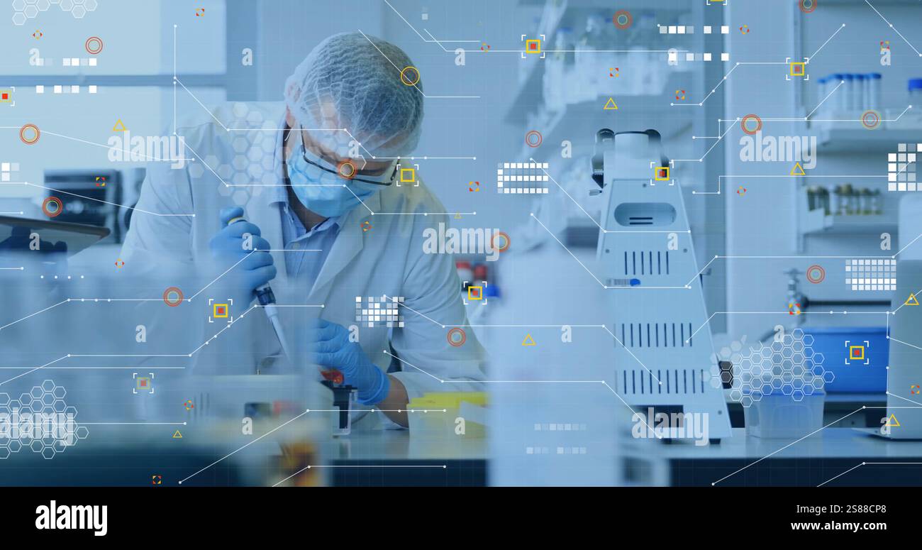 Image of network of connections over caucasian male scientist in ...