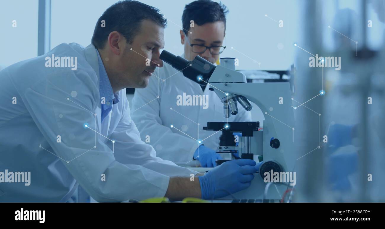 Image of network of connections over diverse scientists in laboratory ...