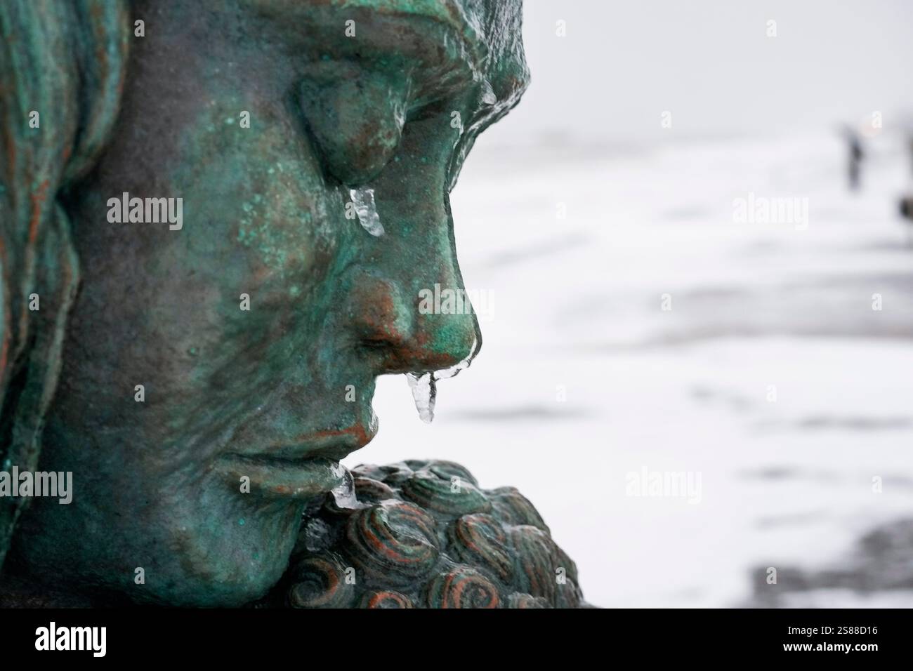 Ice is formed on the nose of the 1900 Storm memorial sculpture during ...