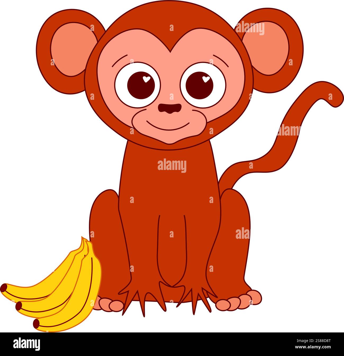 Graphic line Cartoon cute monkey chimpanzee with bananas composition. Vector illustration of ...