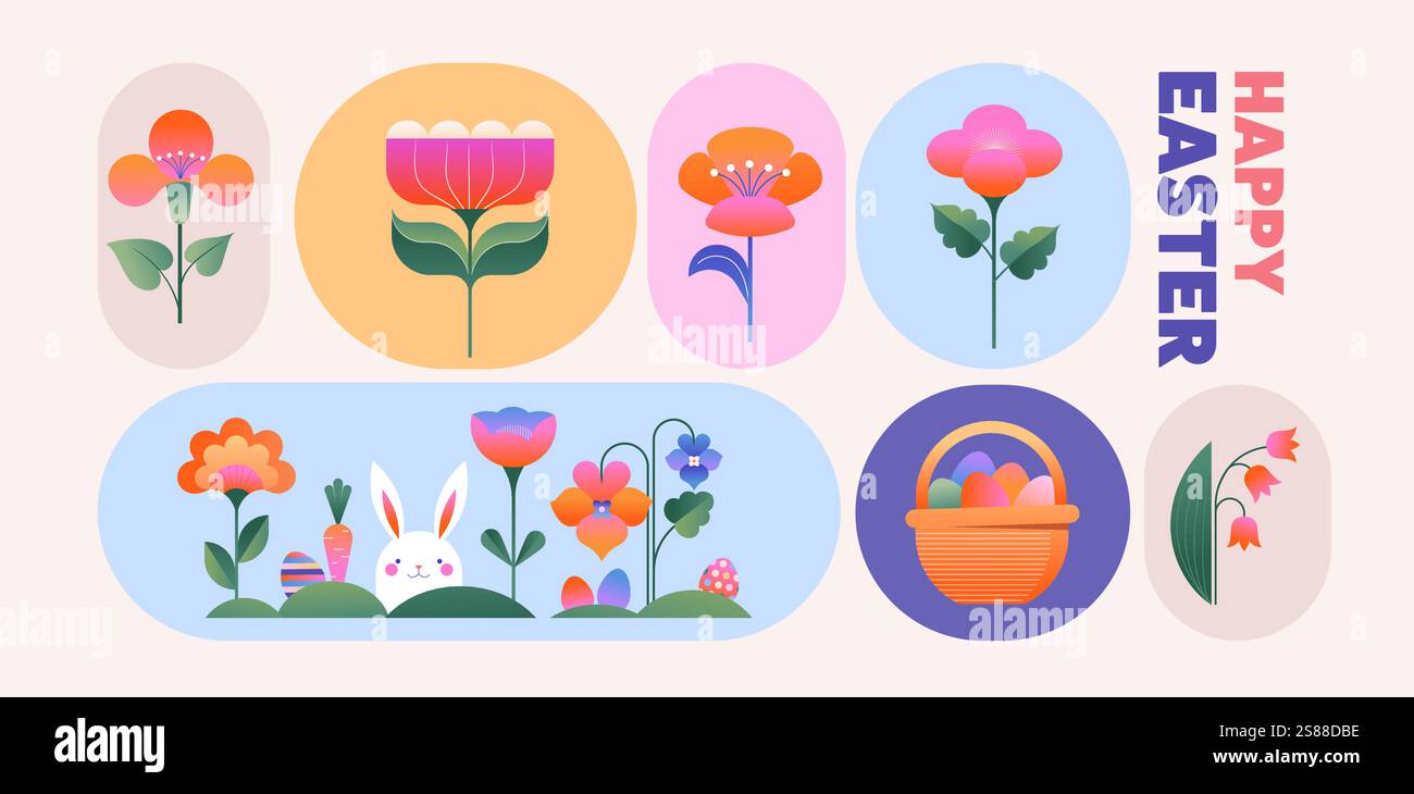 Happy Easter, Modern flat design with flowers, eggs and bunnies, pastel ...