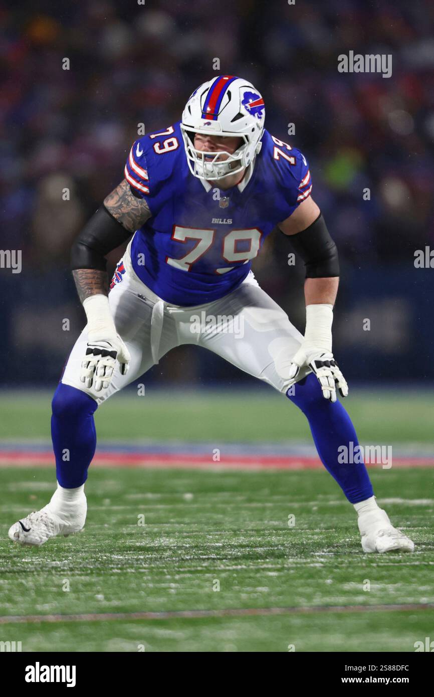 Buffalo Bills offensive tackle Spencer Brown (79) readies in position during the first half of ...