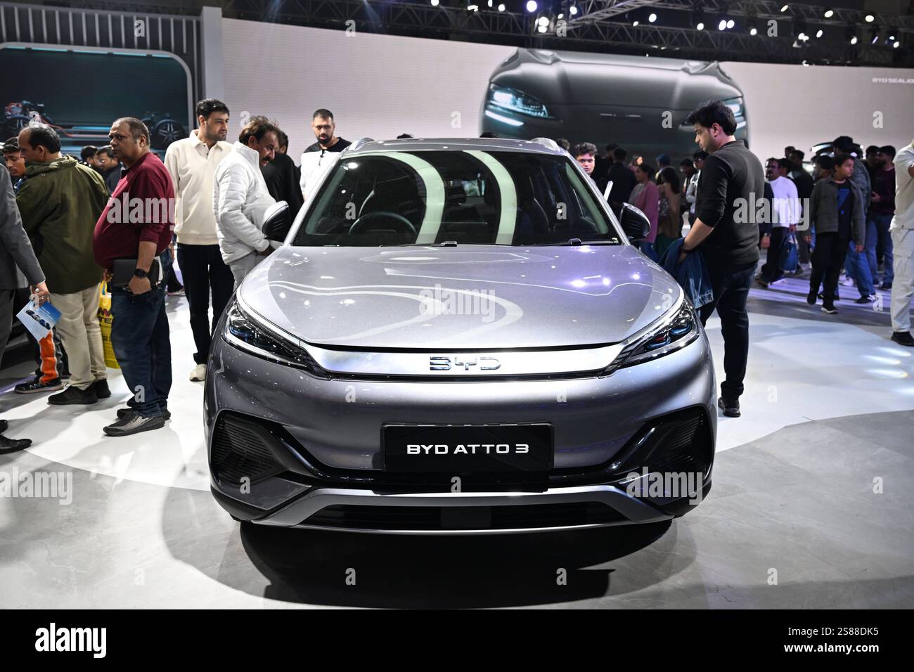 Bharat Mobility Global Expo 2025, in New Delhi, India A BYD car on ...