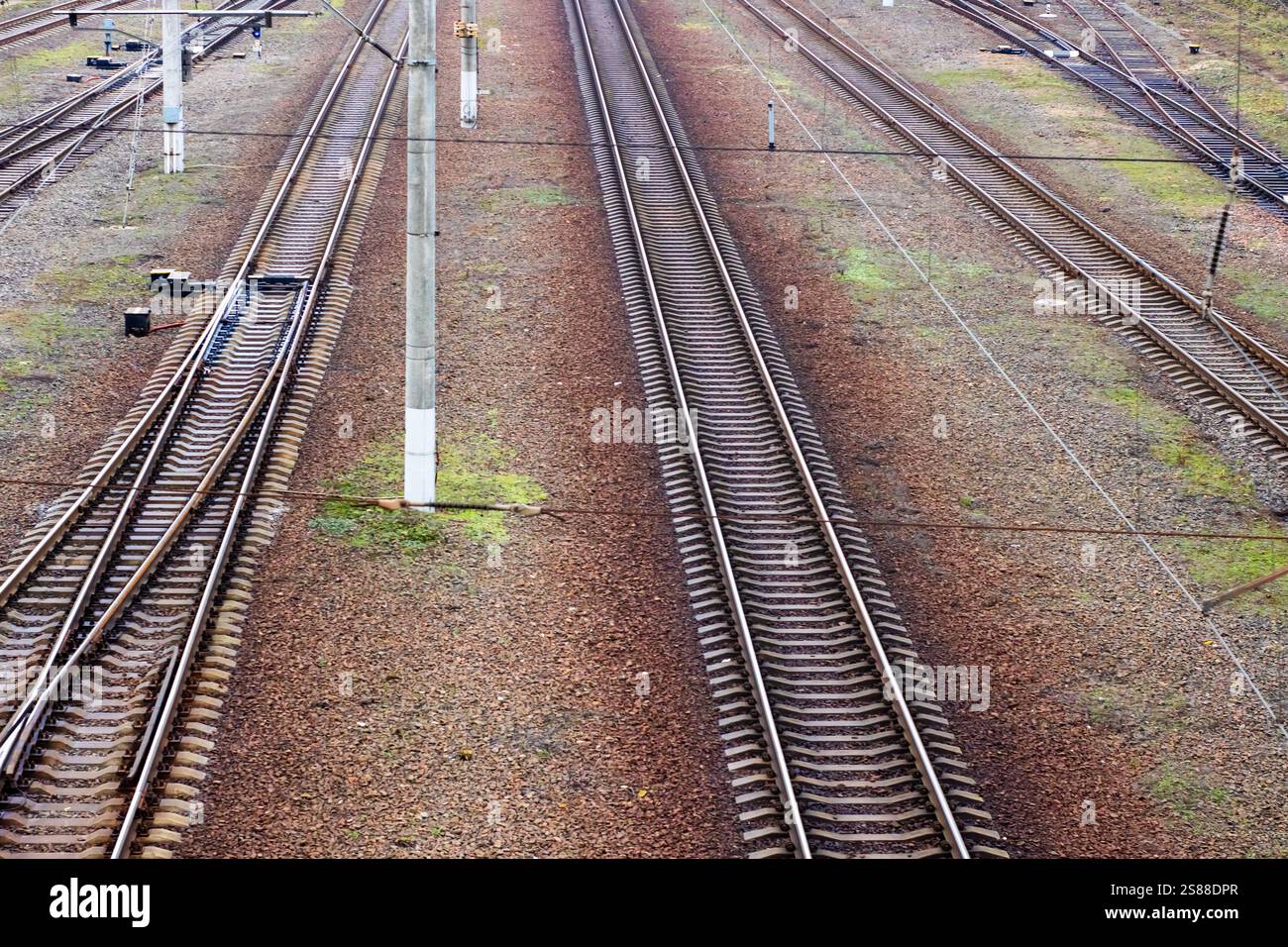 A sprawling network of train tracks weaving through a picturesque field ...