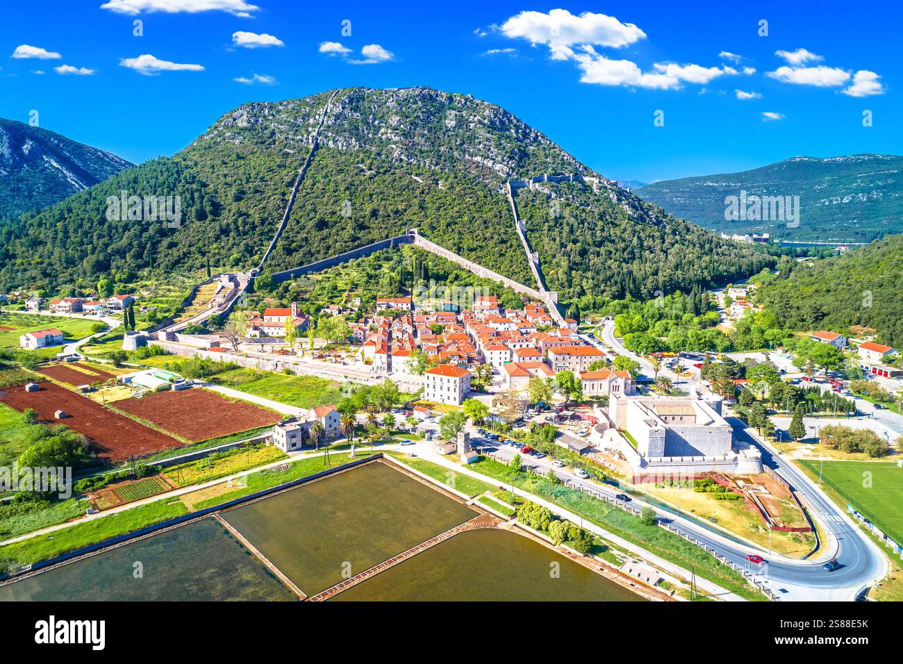 Historic town of Ston stone walls and landmarks aerial view, Peljesac ...