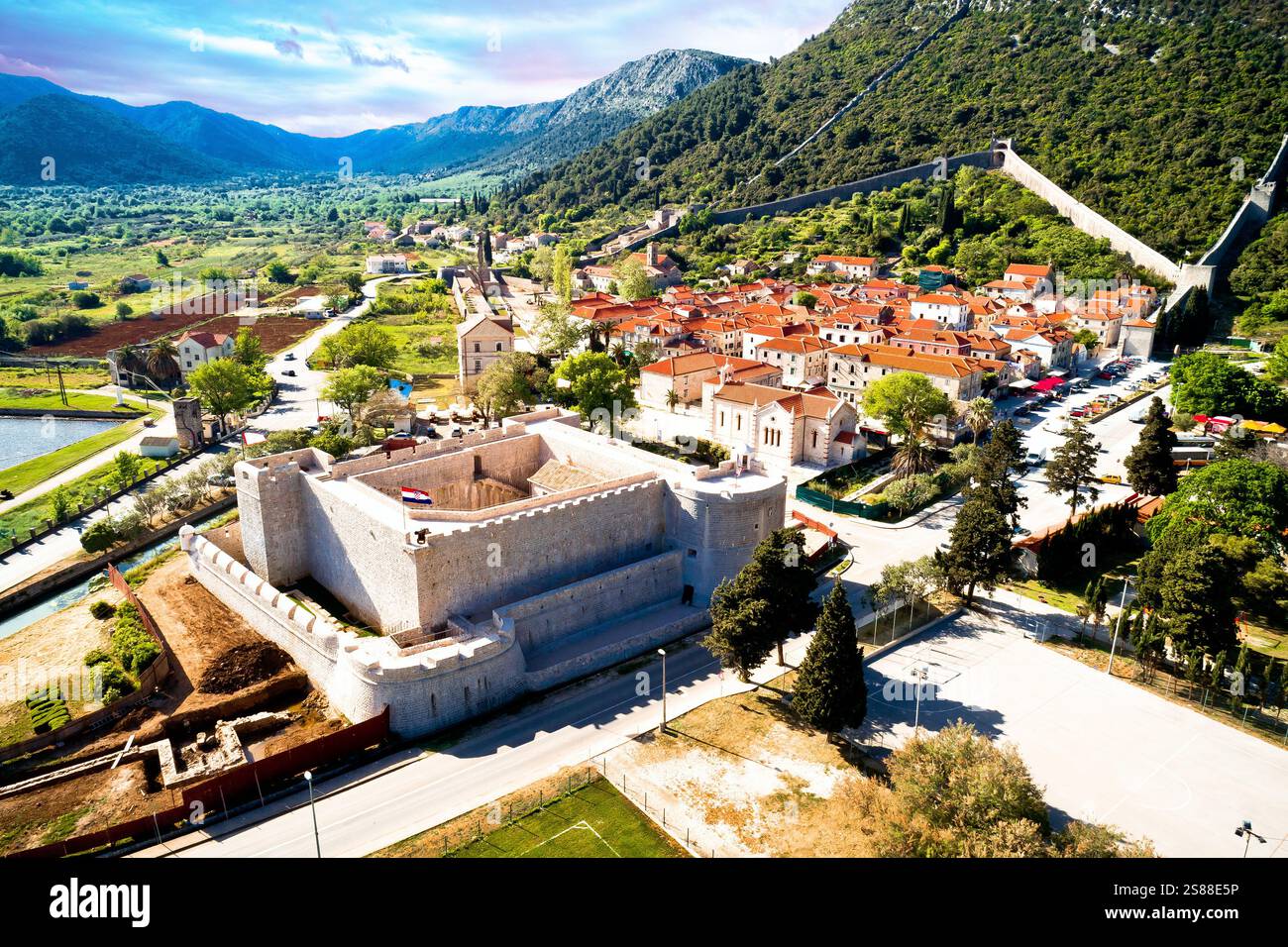 Historic town of Ston stone walls and landmarks aerial view, Peljesac ...