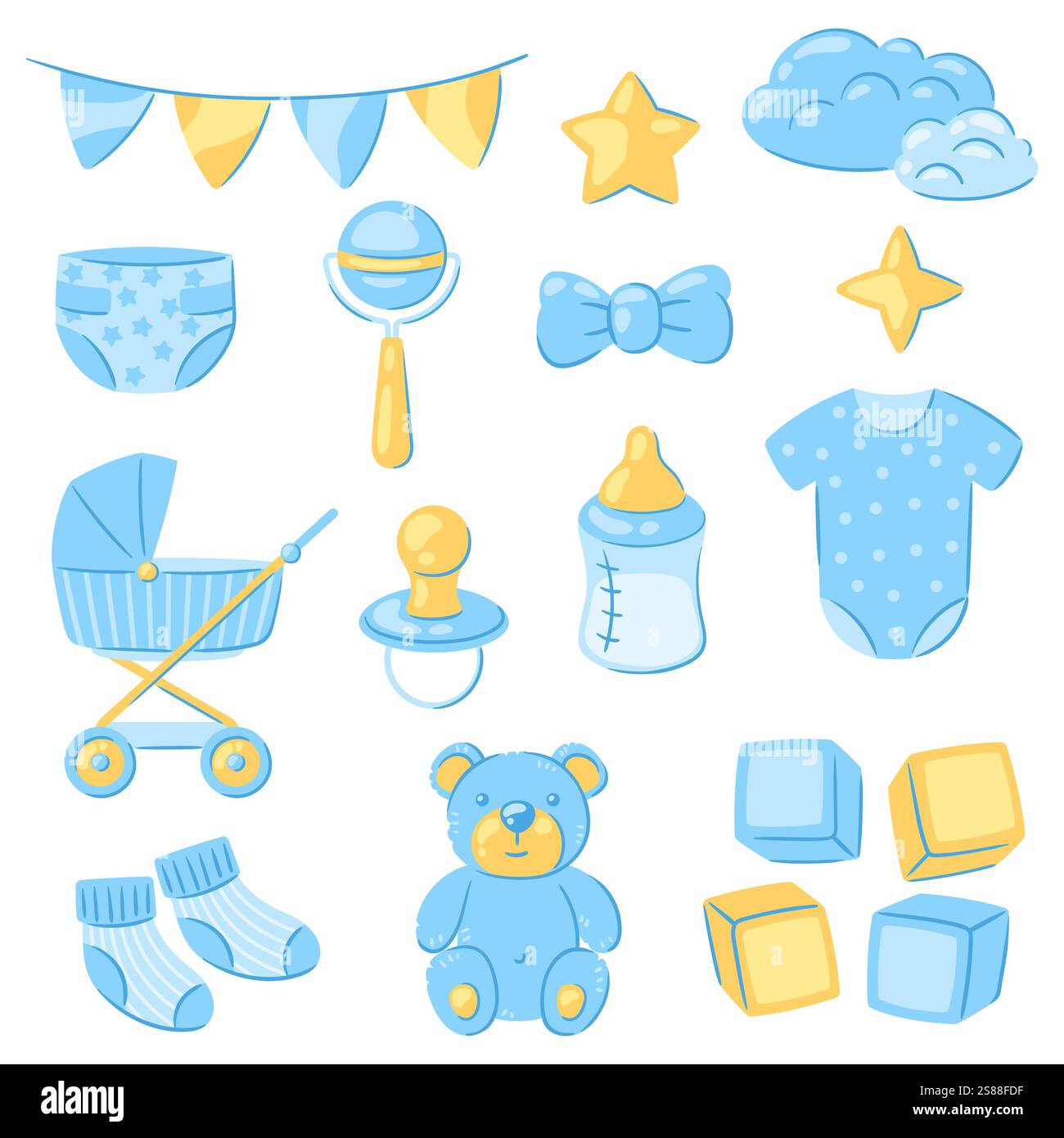 Baby shower set of objects. New born baby boy Happy Birthday Stock ...