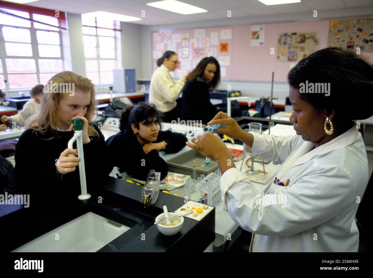 Comprehensive Secondary School 1990s UK. Science lab girl students and ...