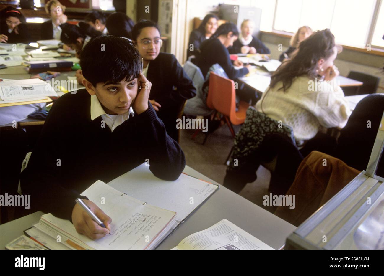 School classroom 1990s UK. Ethnic diversity Asian boys and girls in the ...