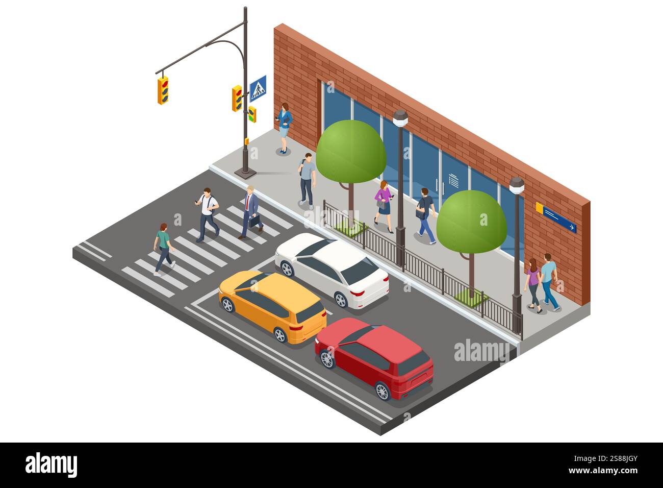 An isometric city design of pedestrian crossing with vehicles stopping at signal. Pedestrians ...