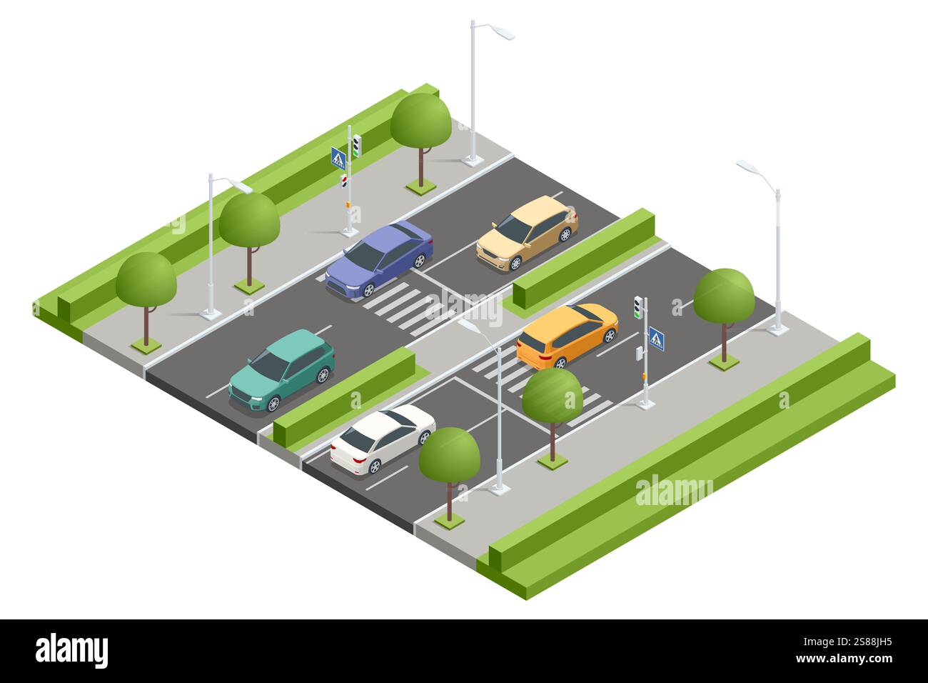 An isometric city design of multiple pedestrian crossings with vehicles ...