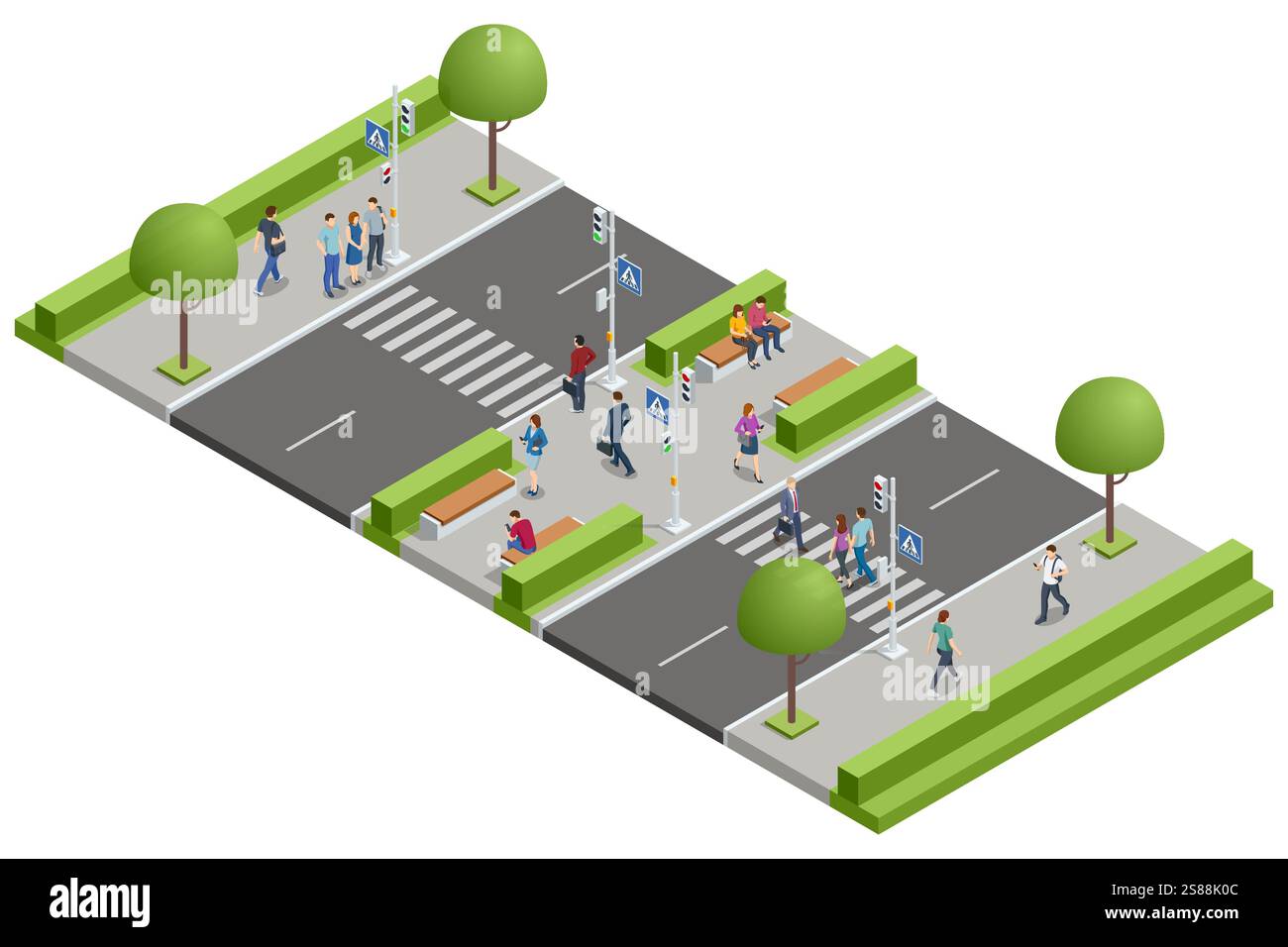 An isometric city design of multiple pedestrian crossings with vehicles ...