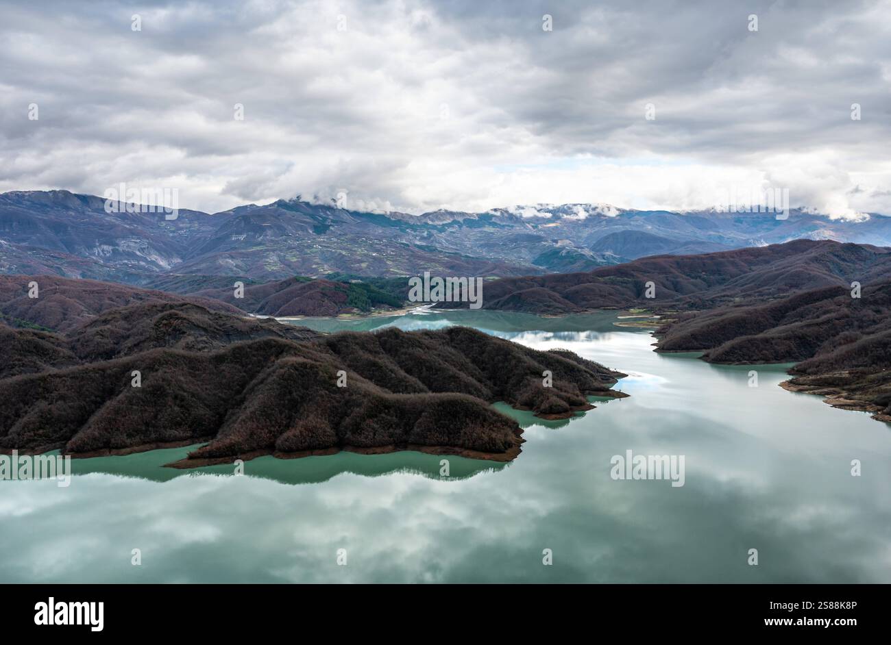 High angle view over the Gamti Mountain and Bovilla lake in Albania ...
