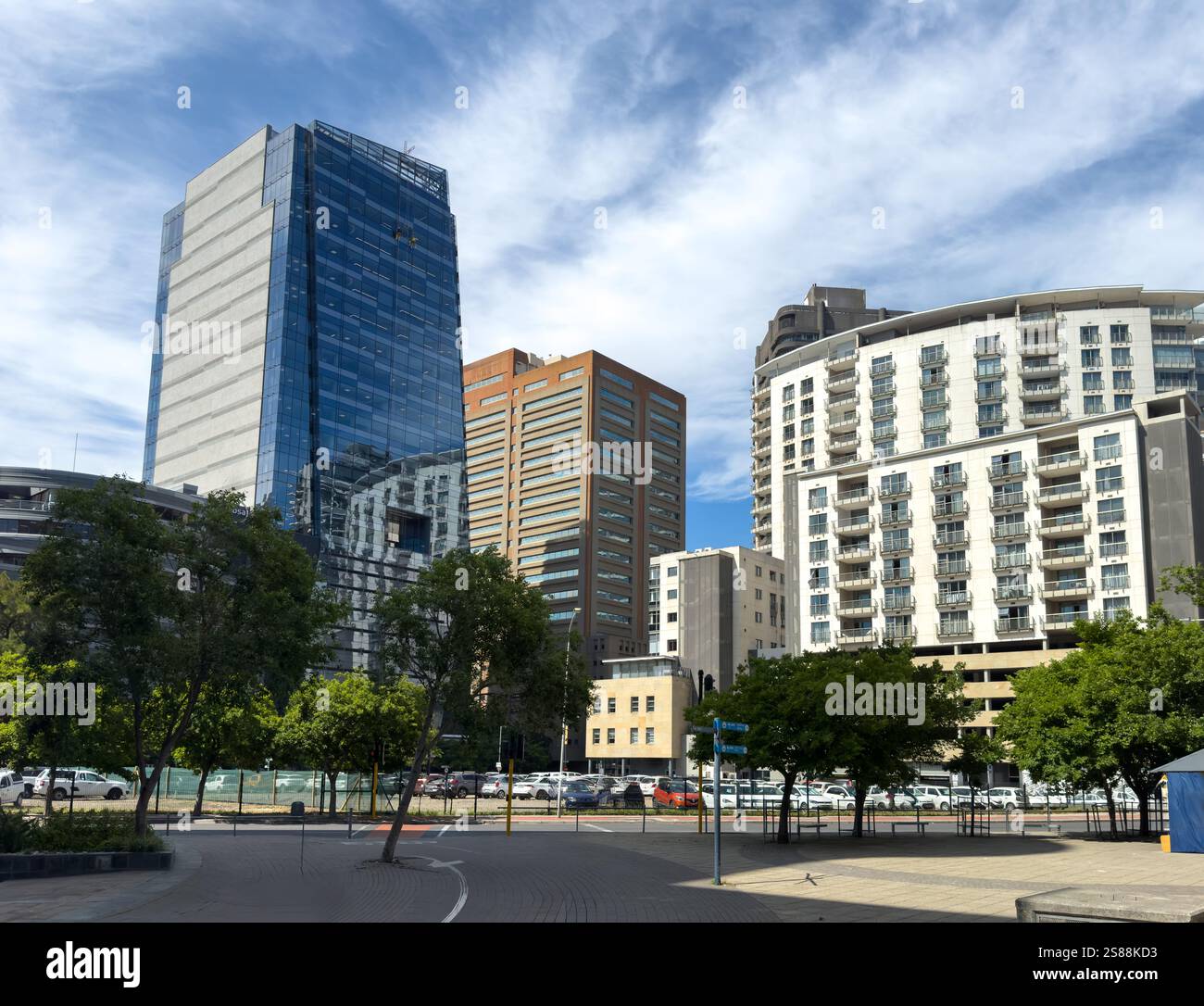 Cape town city skyscrapers against blue sky, high rise office buldings ...