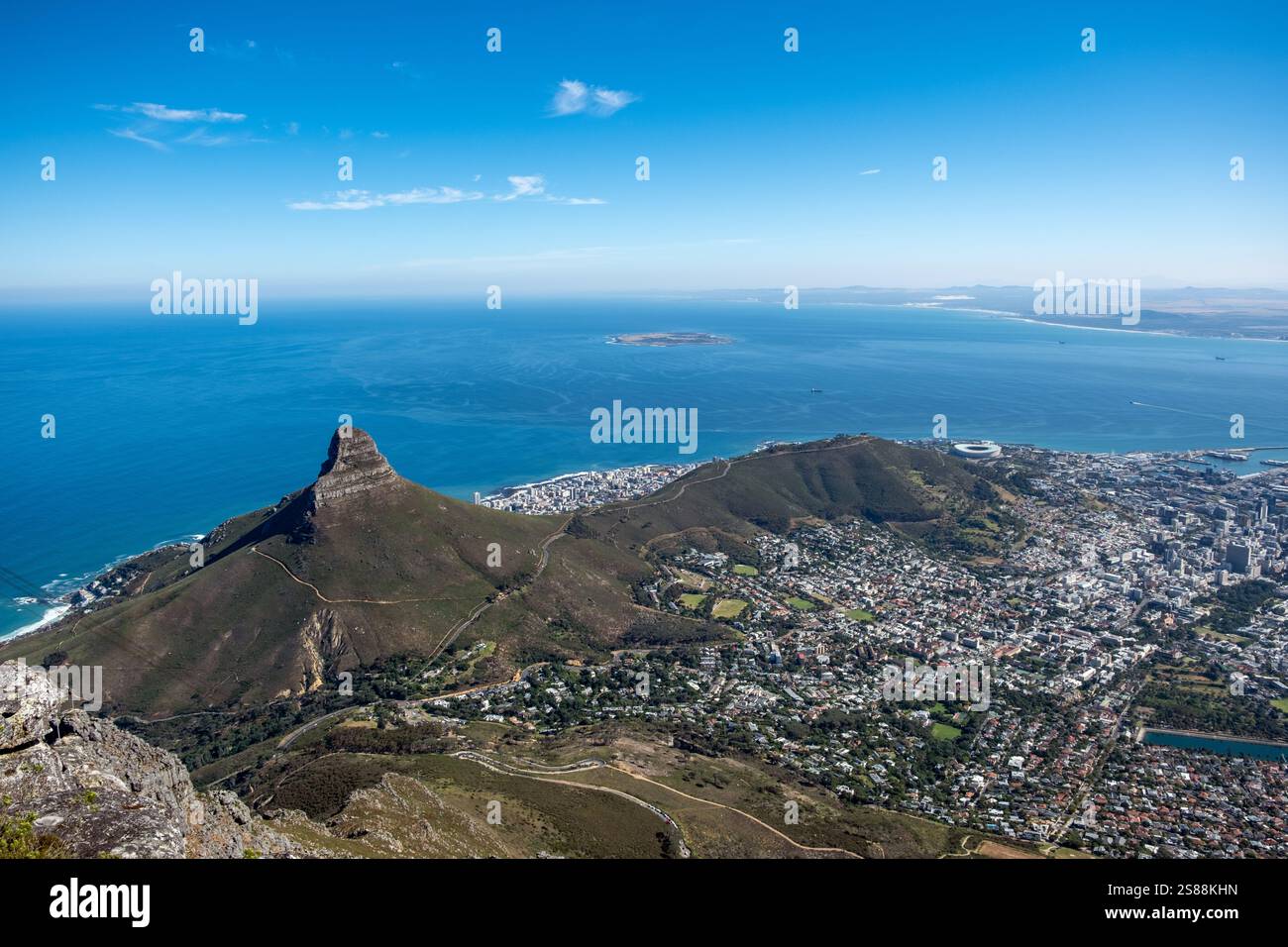 Cape town city aerial view from Table mountain cableway station, blue ...