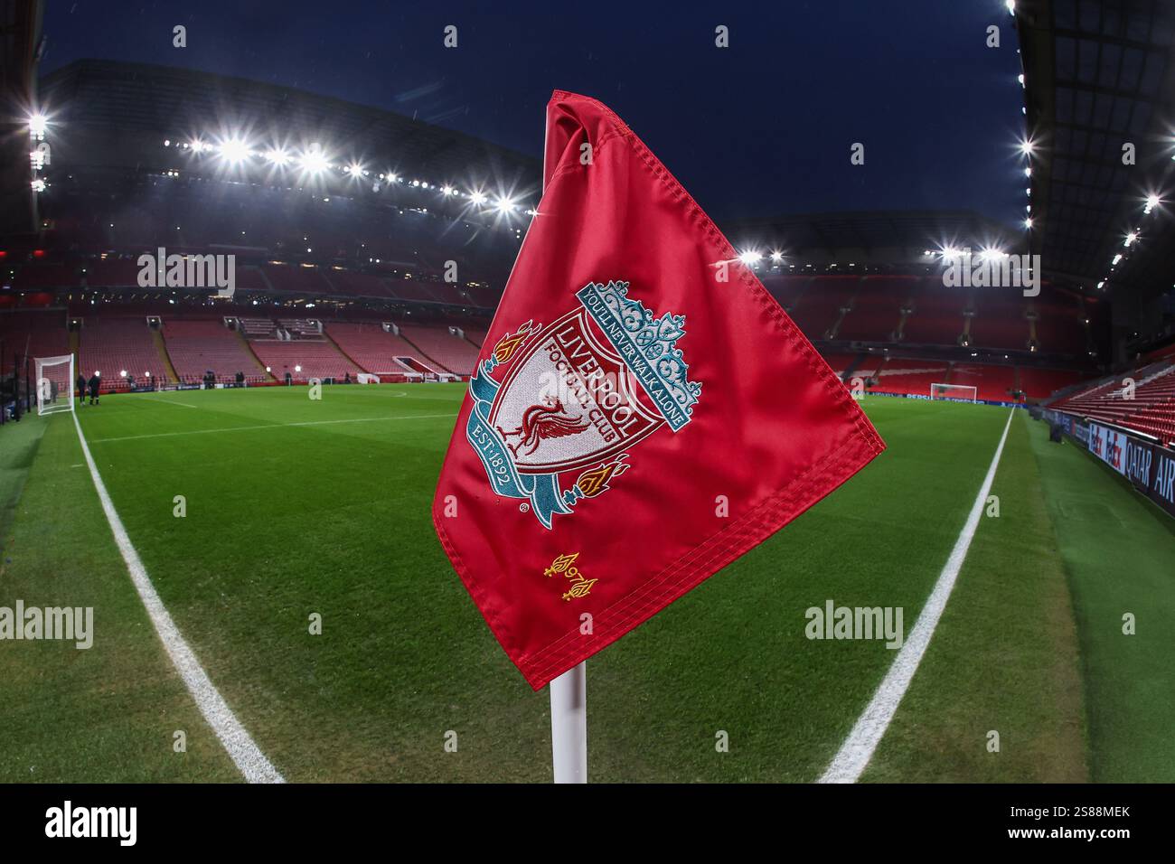 A general view of Anfield and the branded liverpool corner flag, Home ...