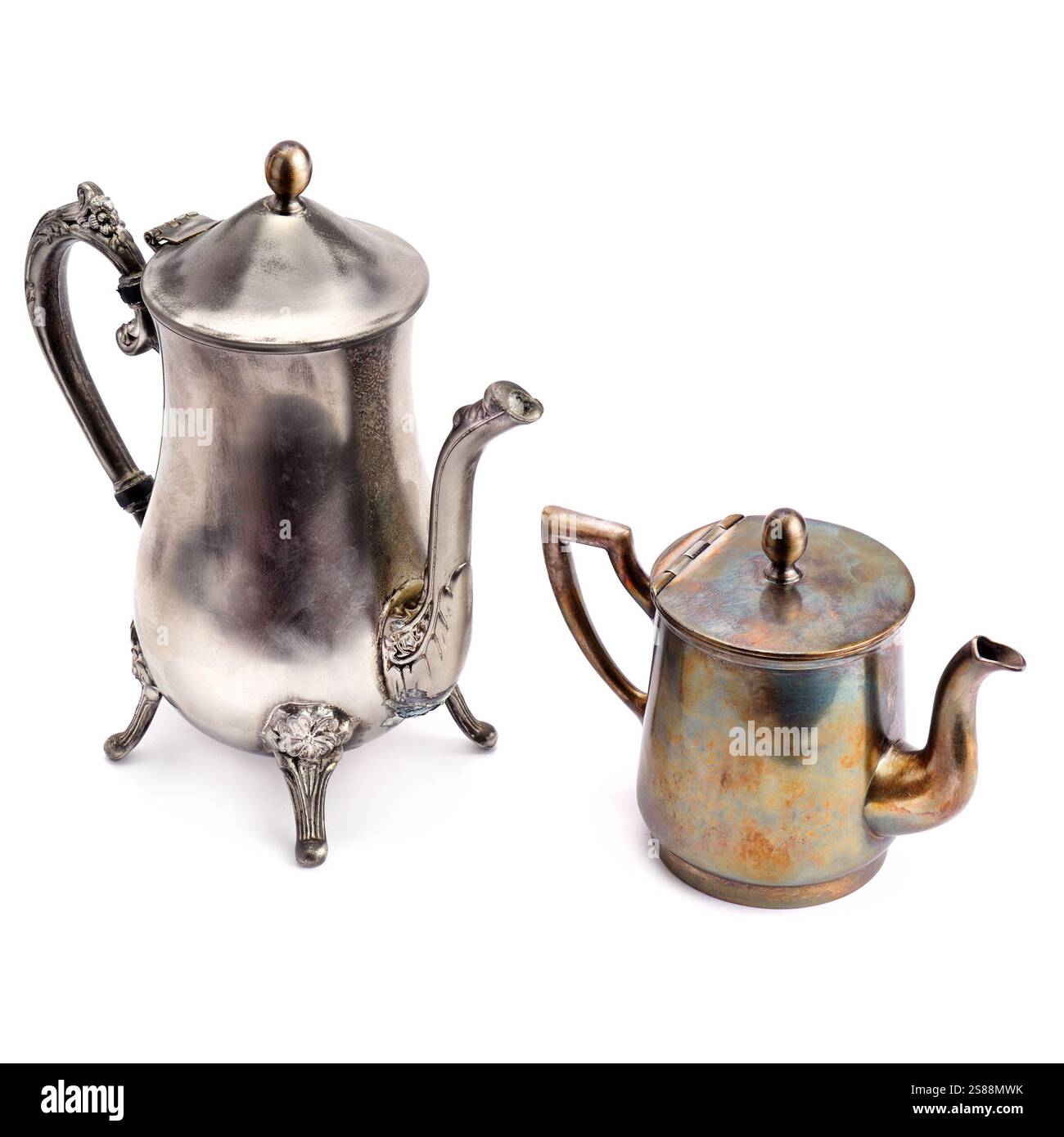 Vintage old coffee pot and teapot isolated on white background Stock ...