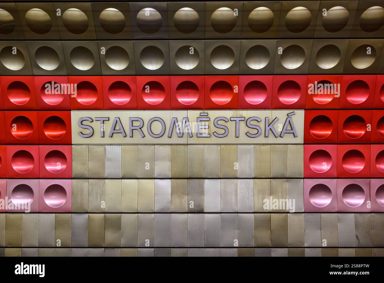 Staromestska metro station, decorated with modern coloured aluminium ...