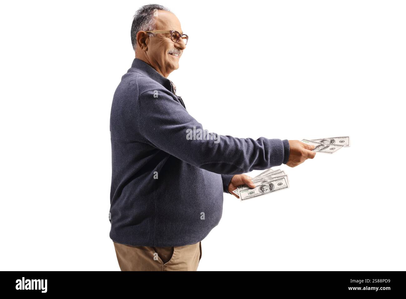 Mature man giving money isolated on white background Stock Photo - Alamy