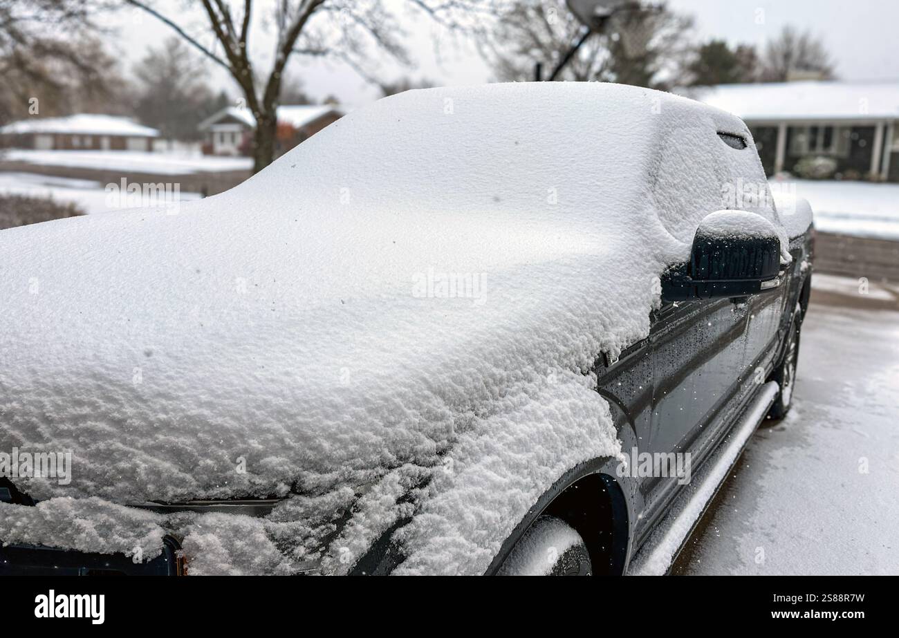 Snow Covered pickup truck in winter Stock Photo - Alamy