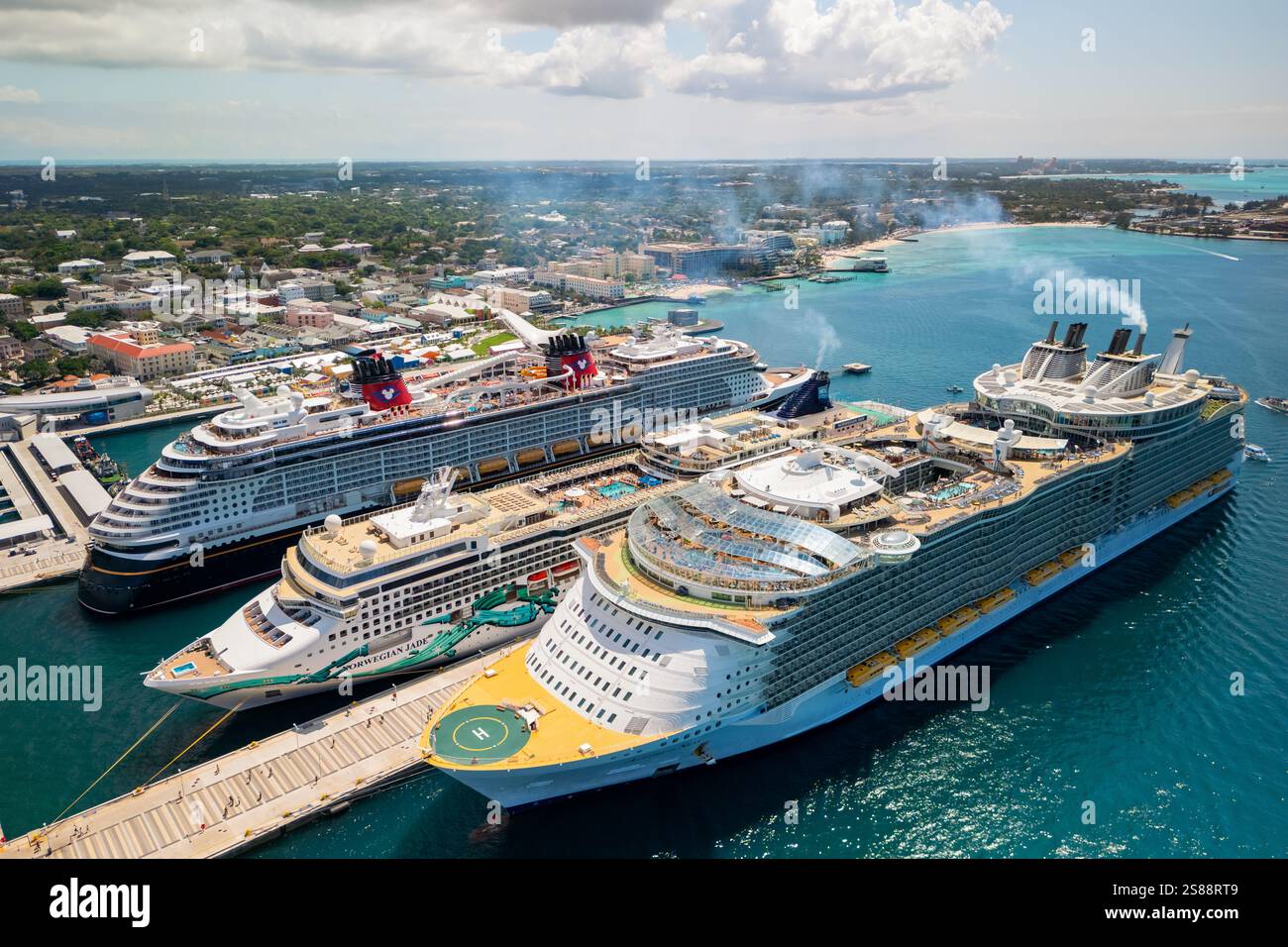 NASSAU, BAHAMAS - 26, May 2024: Four different luxury cruise ships ...