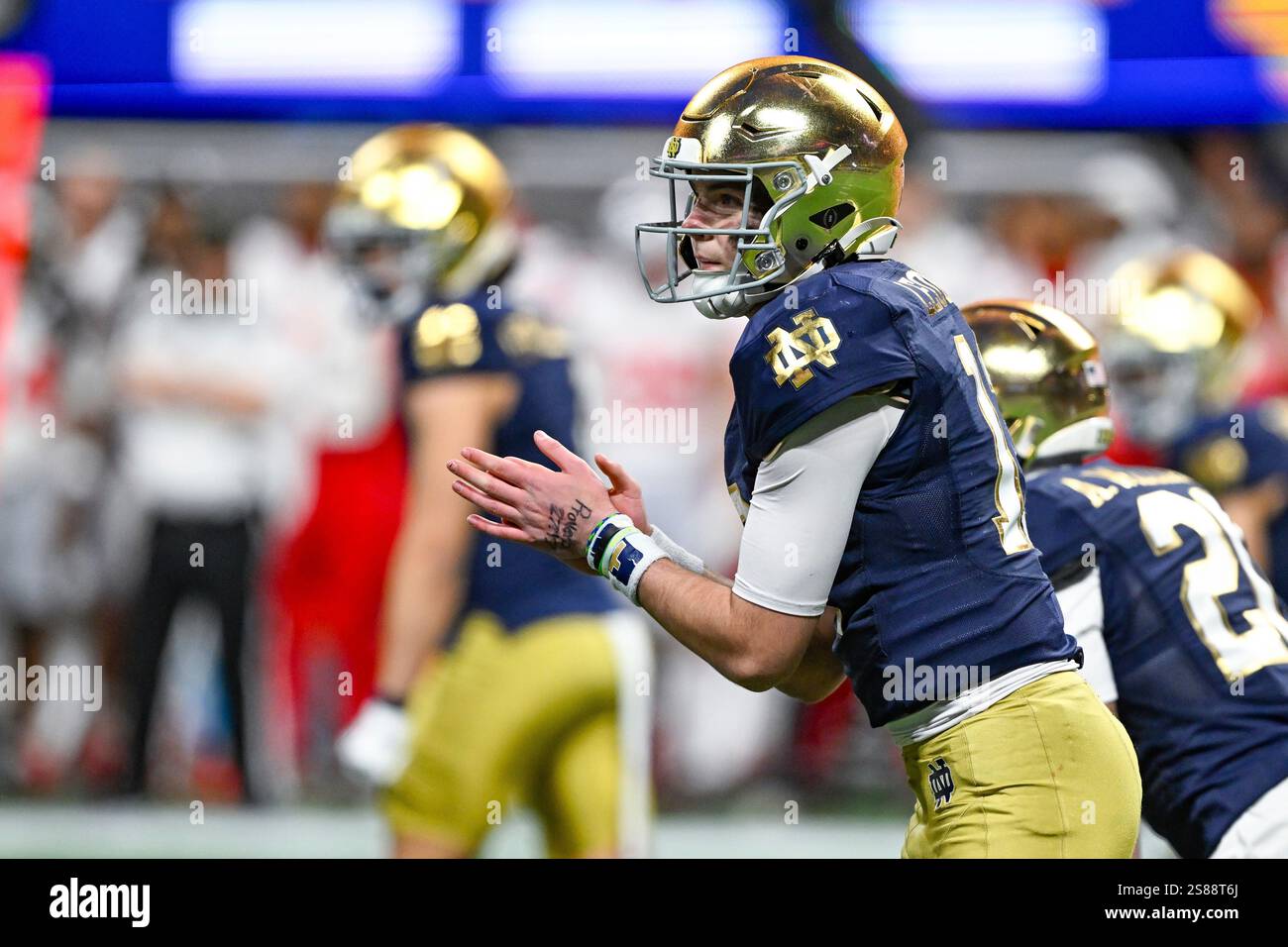 ATLANTA, GA – JANUARY 20: Quarterback Riley Leonard #13 of the Notre ...
