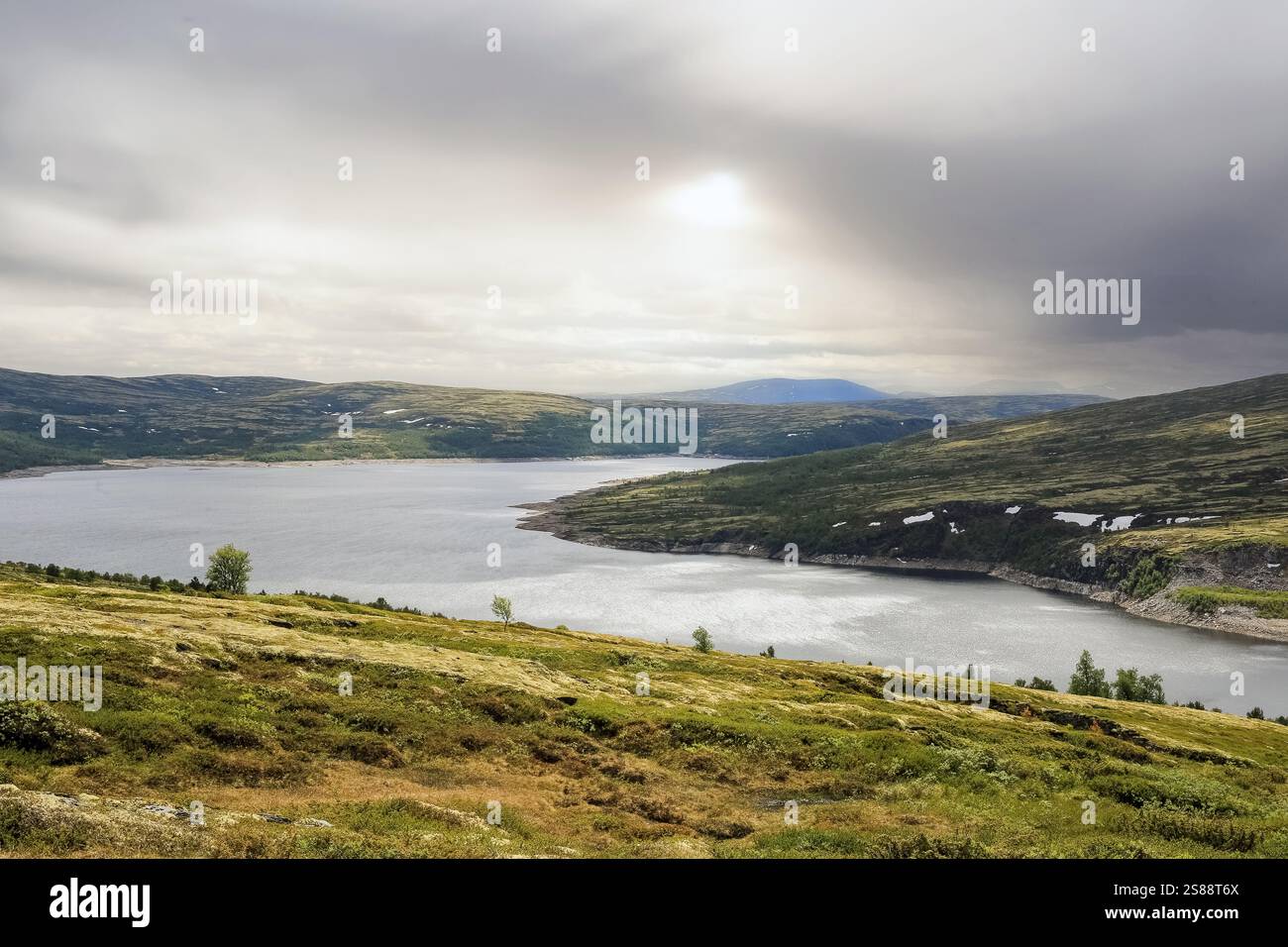 Mountains massif surrounds the valley of river Inna and the lake Innerdalsvatnet in the ...