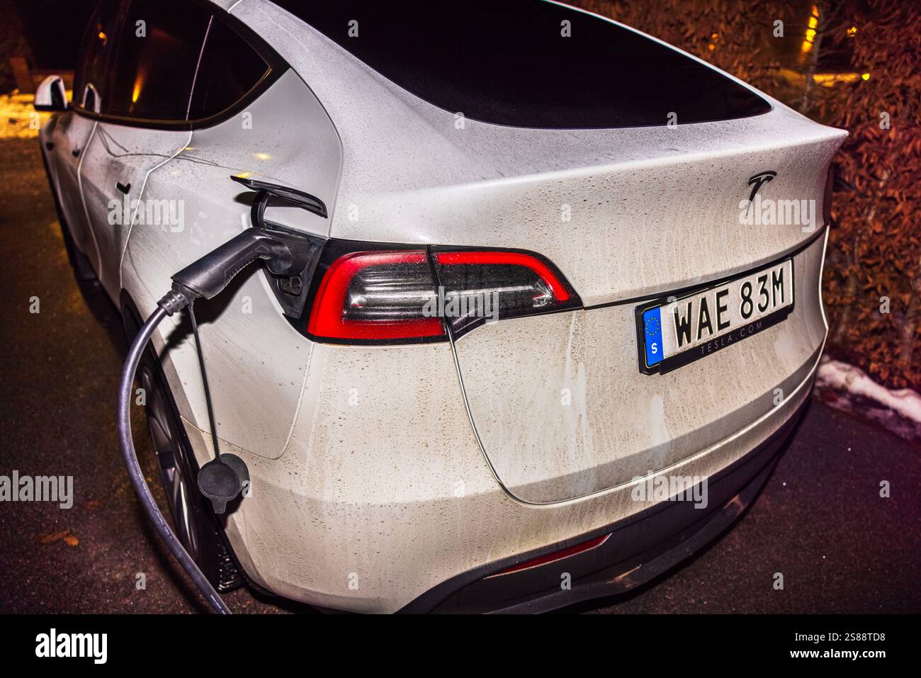 Tesla Model Y charging at night with visible license plate, rear ...