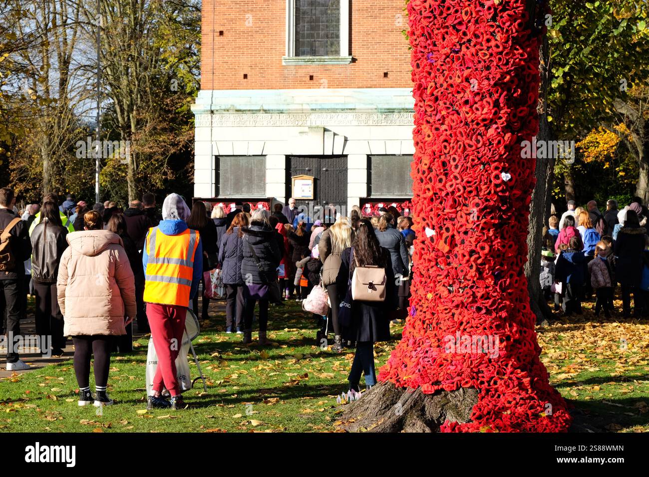 tree wrapped in knitted poppies in queens park loughborough Stock Photo ...