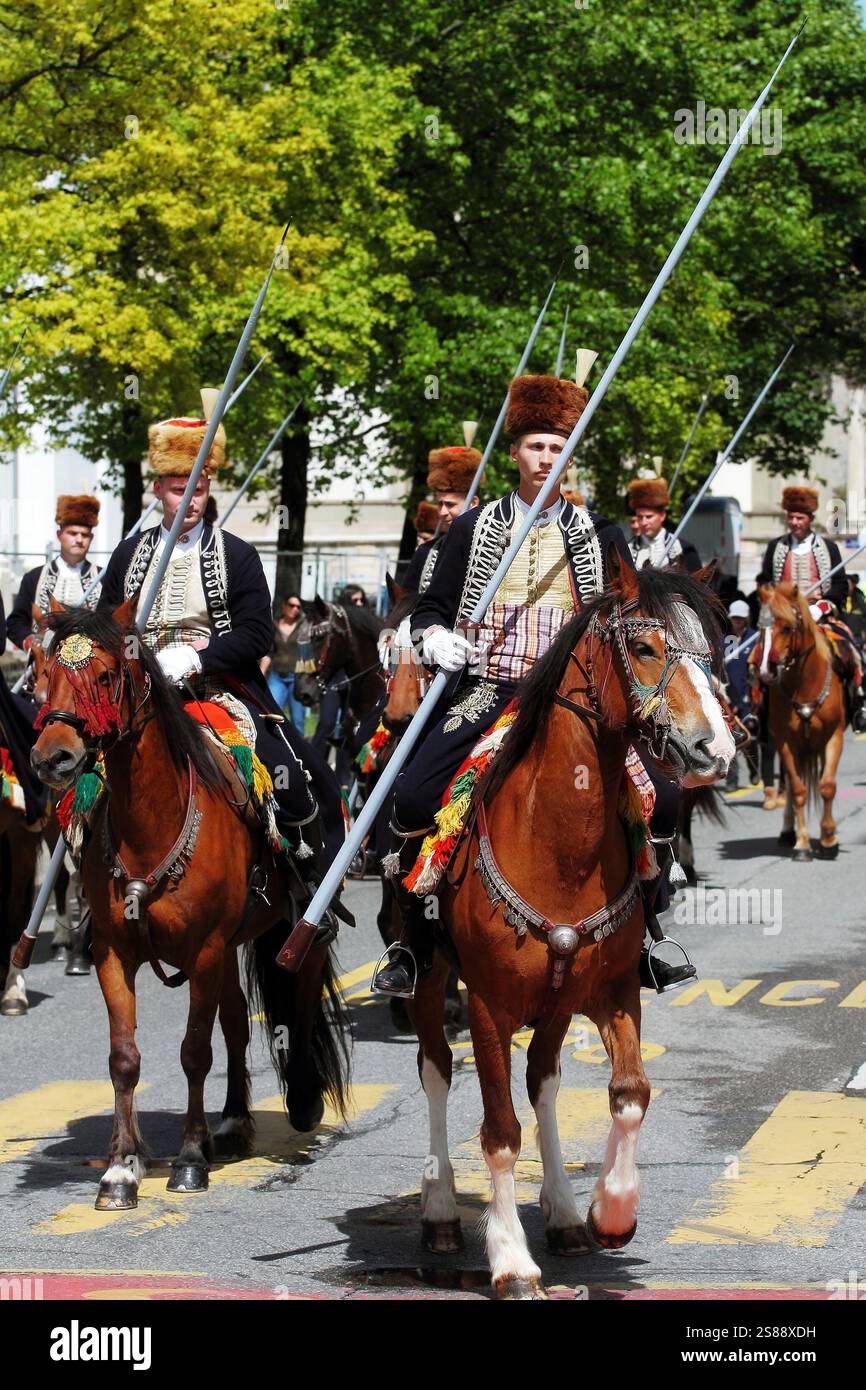 GENEVA; SWITZERLAND-May 04, 2024: Sinjska Alka Croatia Cavalry ...