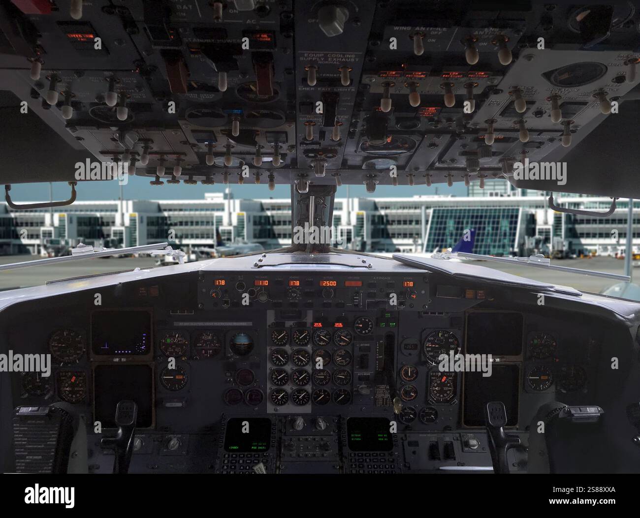 View from landed Boeing 737-800 airplane pilot cockpit to the airfield ...