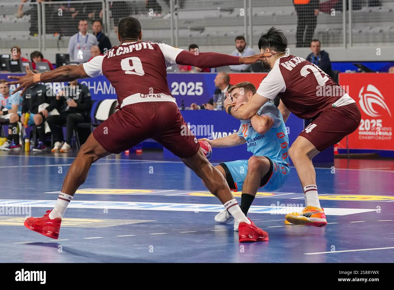 VARAZDIN, CROATIA - JANUARY 21: Rafael Capote of Qatar and Wajdi Sinen ...