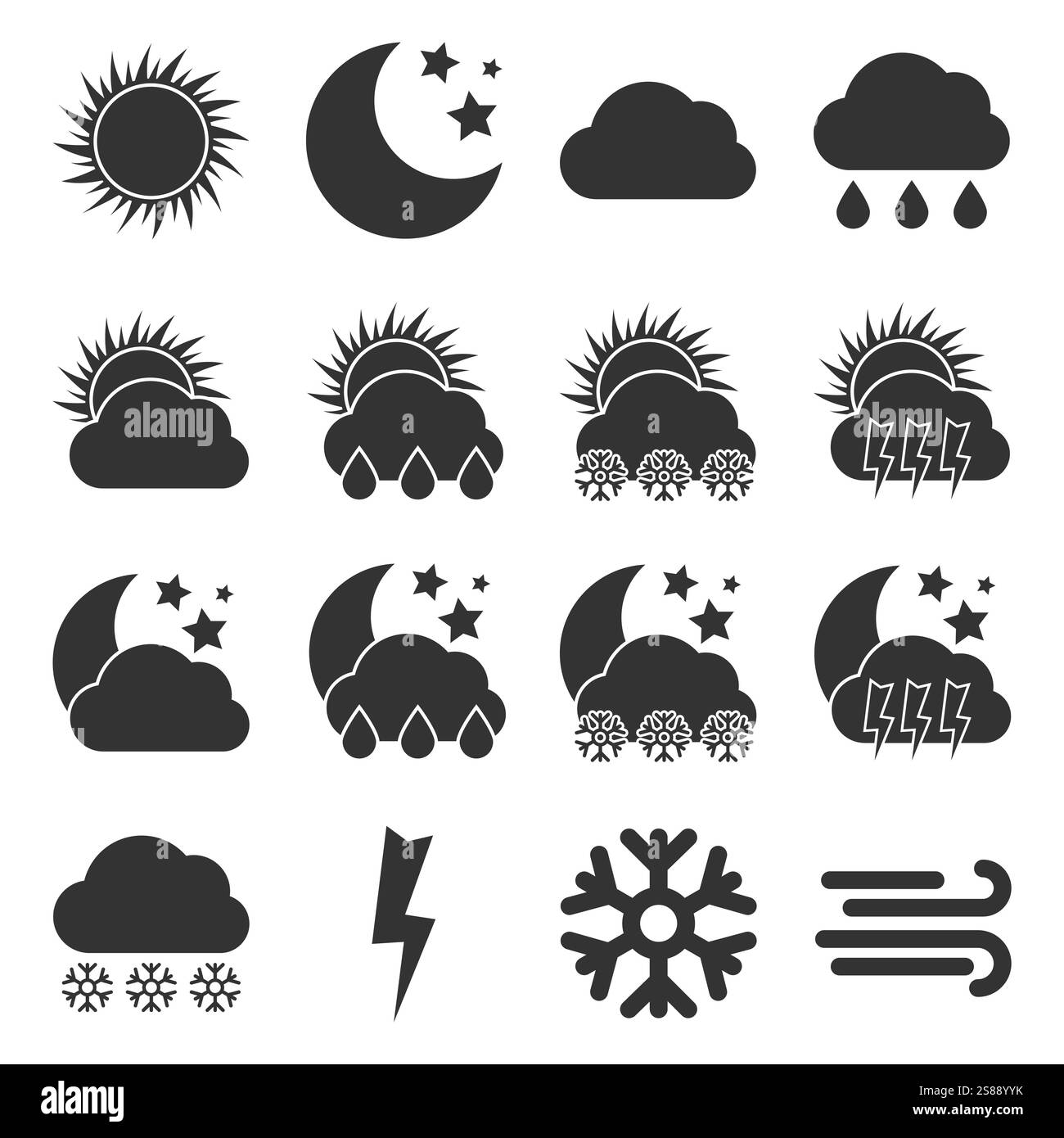 Set of sixteen Weather Icons. Dark icons for different weather ...