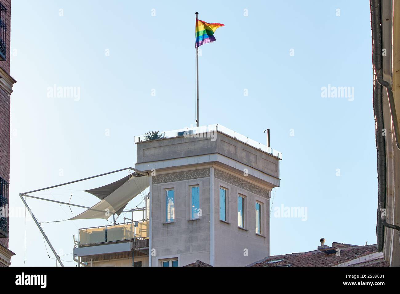 Madrid. Spain - January 21, 2025: The rainbow flag, a symbol of LGBTQ ...