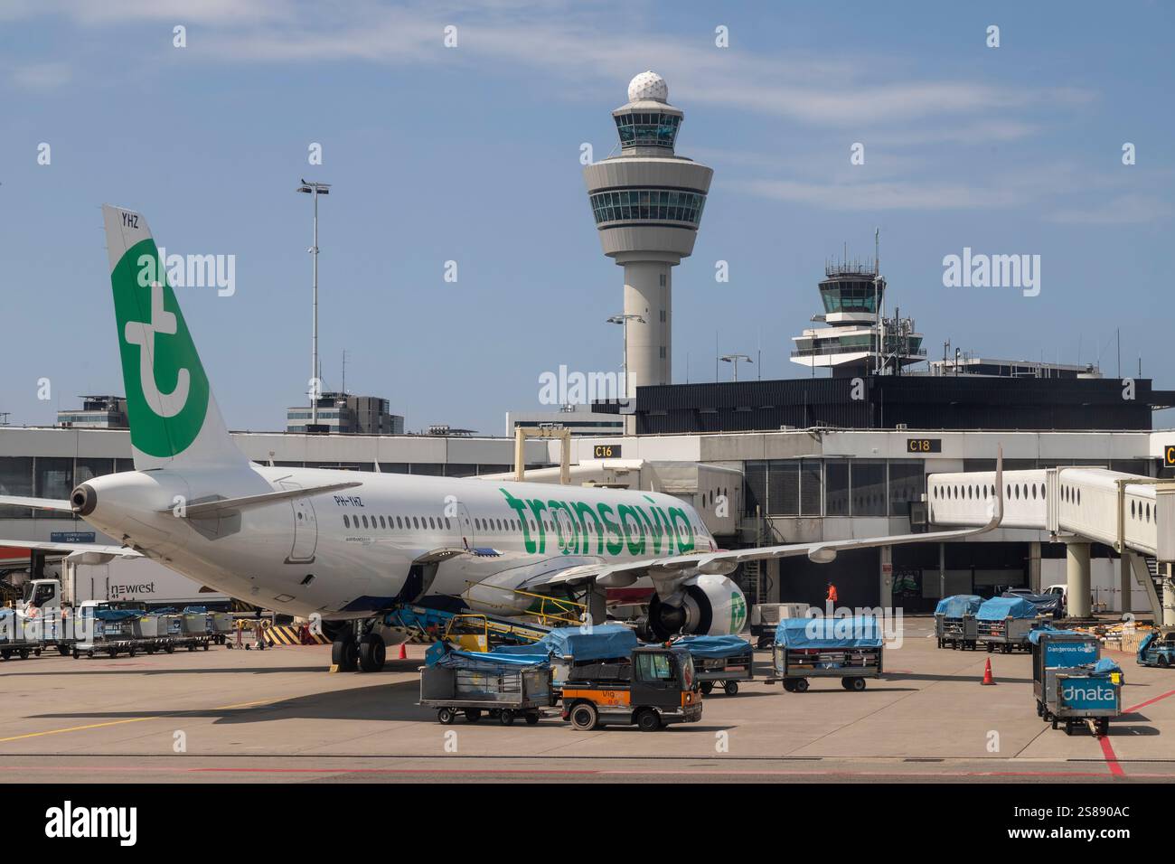 Airplane of the airline Transavia at Schiphol airport with the control ...