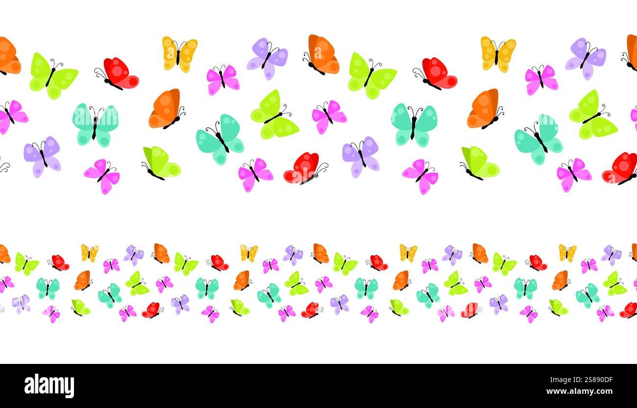 Cute colorful spring or summer butterflies seamless border isolated on ...