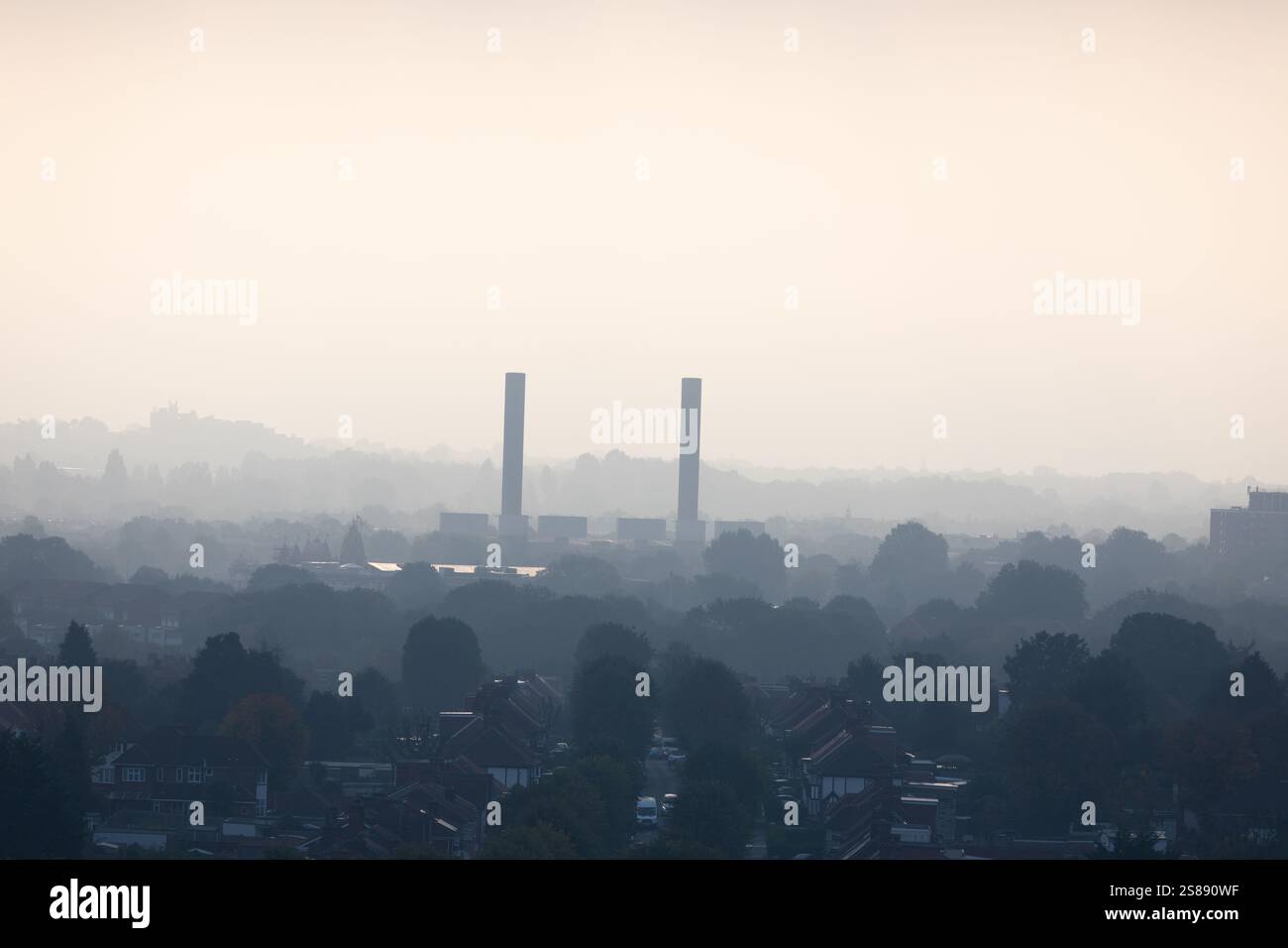 Dense fog obscures city, industrial pollution Stock Photo - Alamy