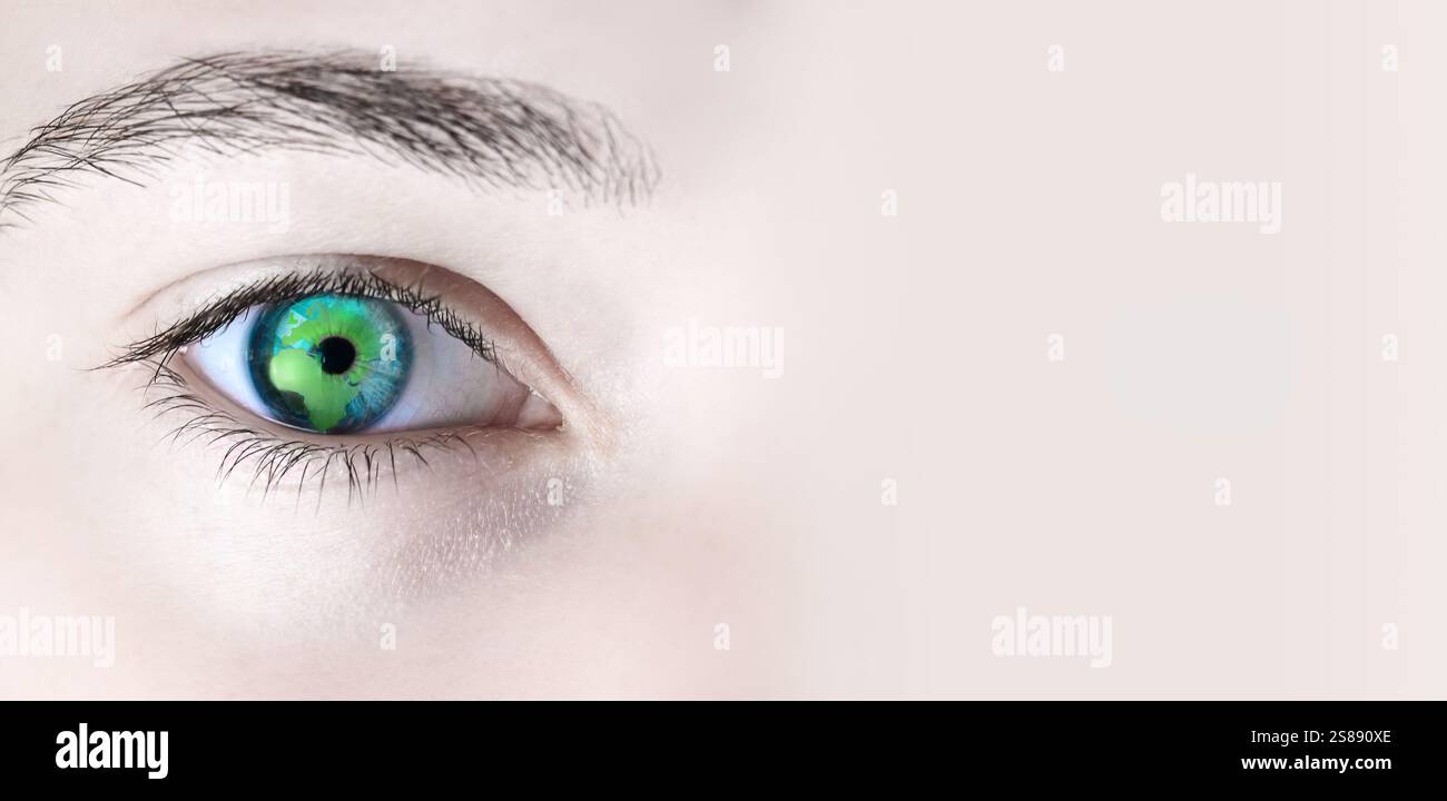 Coloured pupil - eye colour of the human eye - blue - with green globe ...