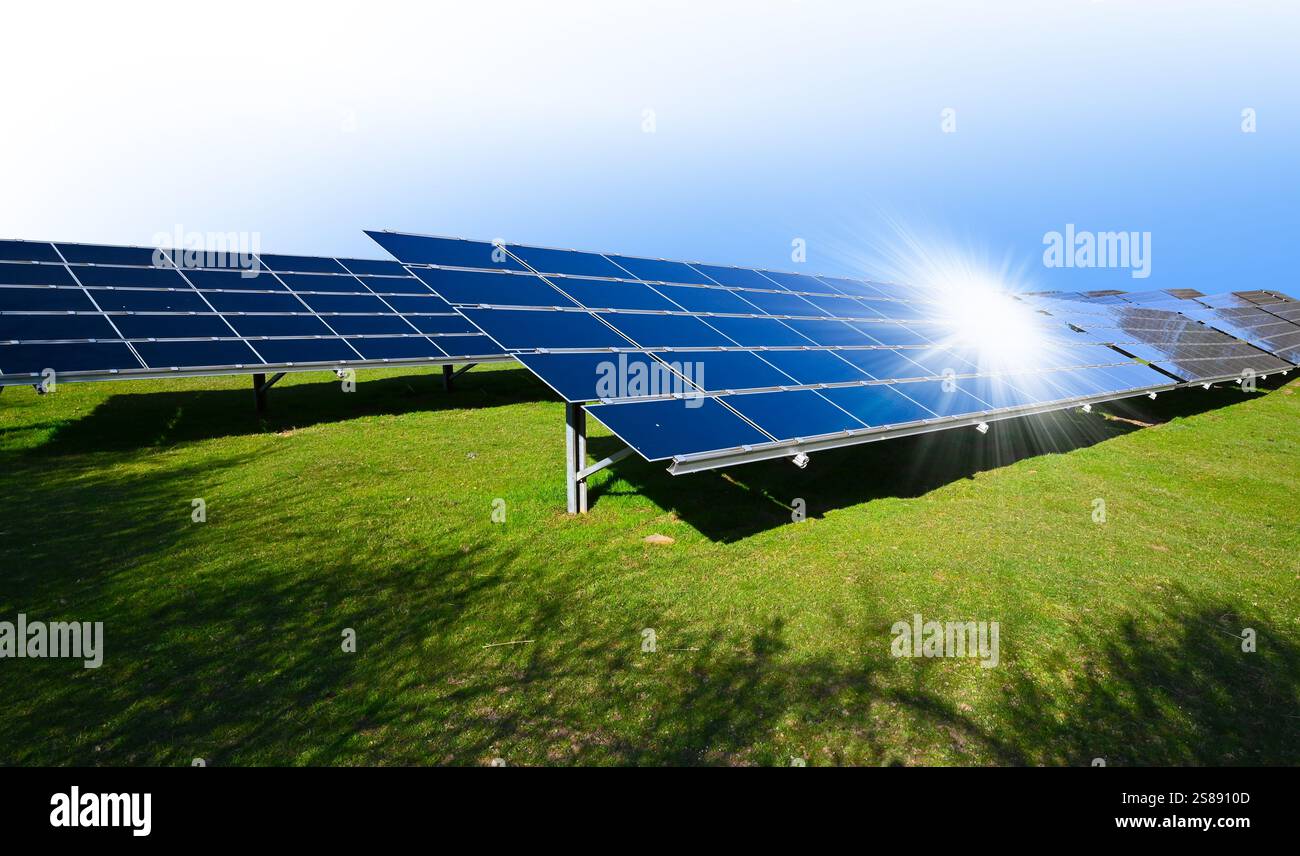 Solar panels park in a solar system in the environment, the sun is ...