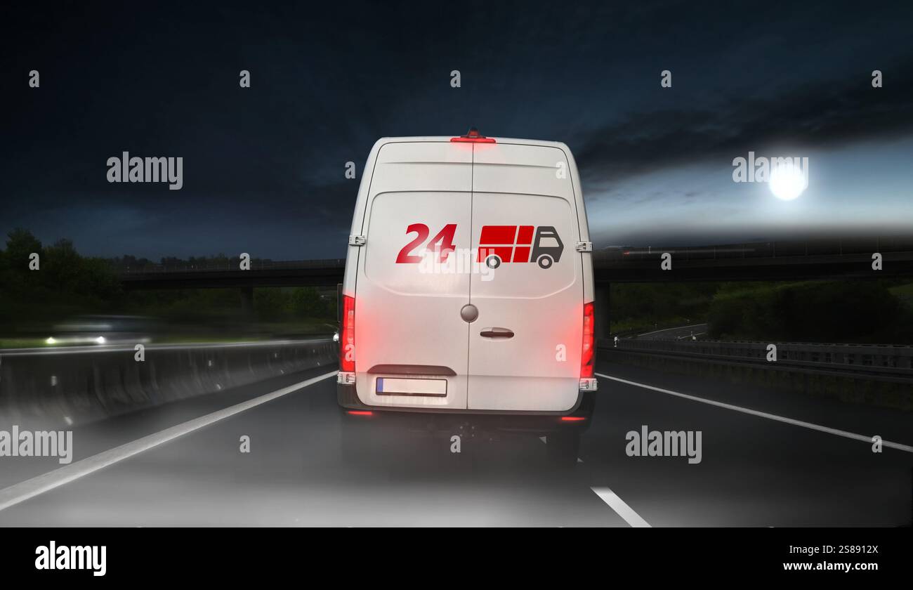 Parcel Express carrier in the city at night with high speed motion ...