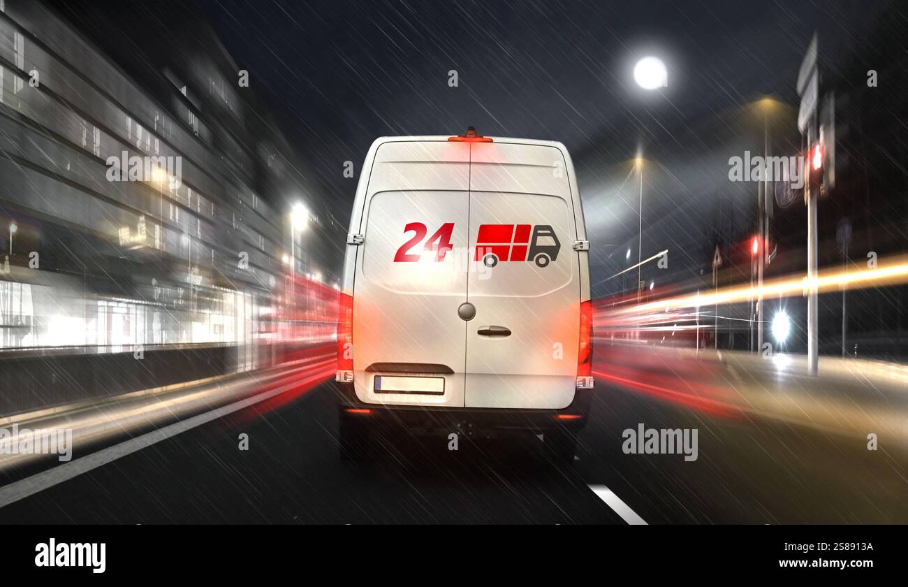 Parcel Express carrier in the city at night with high speed motion ...