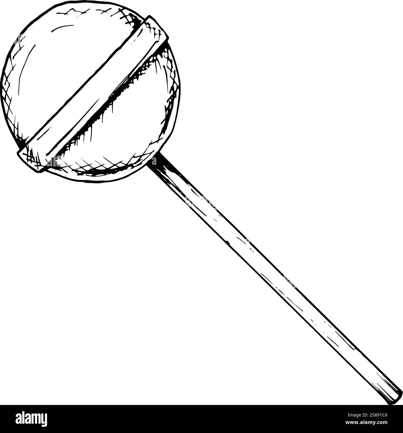Black and white illustration of a round candy on a stick, drawn in a ...