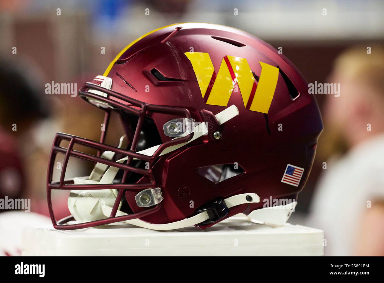 Washington Commanders helmet on the sideline against the Detroit Lions ...