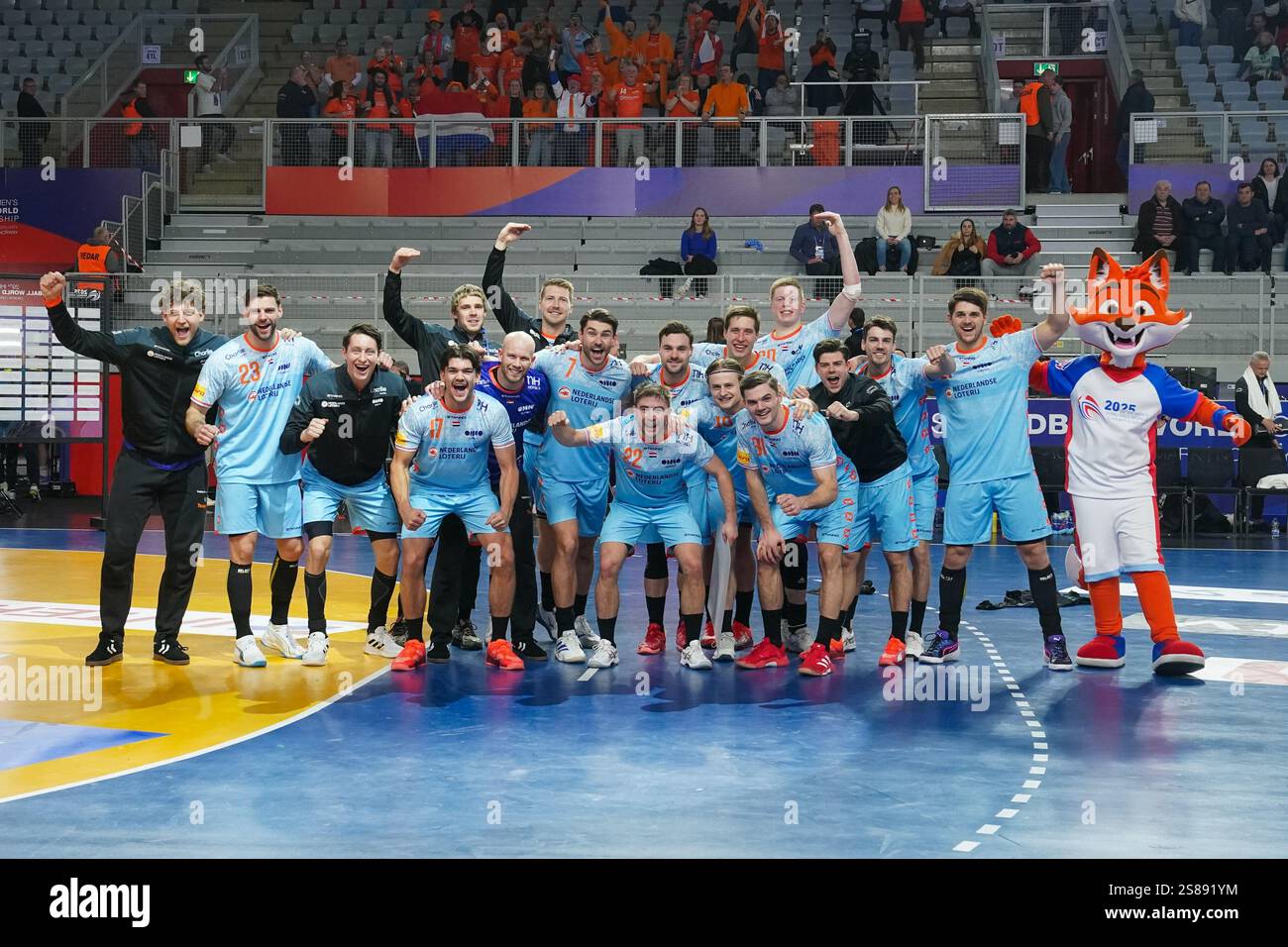 VARAZDIN, CROATIA - JANUARY 21: Players of Netherlands celebrate after winning during the IHF ...